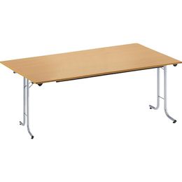 Klapptisch, mit abgerundeten Kanten, Rundrohr-Gestell, Plattenform rechteckig, 1600 x 800 mm, Gestell alufarben, Platte Buche-Dekor kaiserkraft