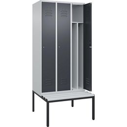 C+P Schwarz-Weiß-Spind Classic PLUS Sitzbank, schmal, 3 Abteile, Trennwand verkürzt, lichtgrau / grau, B 900 mm, Zylinderschloss, untergebaut, Kunststoff