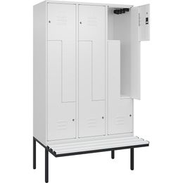 C+P Z-Spind Classic PLUS Sitzbank, 3 Abteile, verkehrsweiß, B 1200 mm, Zylinderschloss, auskragend, Kunststoff