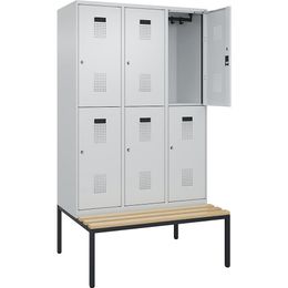 Doppelstock-Spind Evolo PLUS Sitzbank, 3 Abteile, lichtgrau / lichtgrau, B 1200 mm, Zylinderschloss, mit untergebauter Sitzbank, Buche kaiserkraft