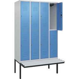 C+P Doppelstock-Spind Classic PLUS Sitzbank, 4 Abteile, lichtgrau / lichtblau, B 1200 mm, Zylinderschloss, auskragend, Kunststoff