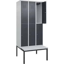 C+P Doppelstock-Spind Classic PLUS Sitzbank, 3 Abteile, lichtgrau / grau, B 900 mm, Zylinderschloss, untergebaut, Kunststoff