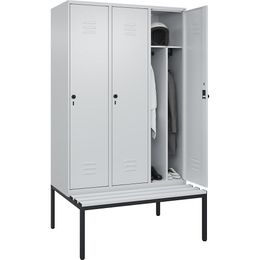 C+P Schwarz-Weiß-Spind Classic PLUS Sitzbank, schmal, 3 Abteile, Trennwand verkürzt, lichtgrau, B 1200 mm, Sicherheits-Drehriegel, untergebaut, Kunststoff