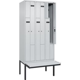 Z-Spind Evolo PLUS Sitzbank, 3 Abteile, lichtgrau / lichtgrau, B 900 mm, Zylinderschloss, mit auskragender Sitzbank, Kunststoff kaiserkraft