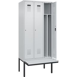 Schwarz-Weiß-Spind Evolo PLUS Sitzbank, schmal, 3 Abteile, Trennwand verkürzt, lichtgrau / lichtgrau, B 900 mm, Zylinderschloss, mit auskragender Sitzbank, Kunststoff kaiserkraft