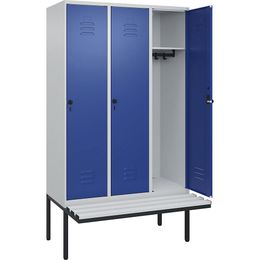 C+P Spind Classic PLUS Sitzbank, 3 Abteile, lichtgrau / enzianblau, B 1200 mm, Sicherheits-Drehriegel, auskragend, Kunststoff