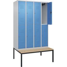 C+P Doppelstock-Spind Classic PLUS Sitzbank, 4 Abteile, lichtgrau / lichtblau, B 1200 mm, Zylinderschloss, untergebaut, Buche-Hartholz