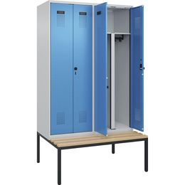 Schwarz-Weiß-Spind Evolo PLUS Sitzbank, 4 Abteile, Trennwand verkürzt, lichtgrau / lichtblau, B 1200 mm, Sicherheits-Drehriegel, mit untergebauter Sitzbank, Buche kaiserkraft