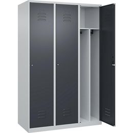 C+P Schwarz-Weiß-Spind Classic PLUS, schmal, 3 Abteile, Trennwand verkürzt, lichtgrau / grau, B 1200 mm, mit Bodengleitern, Zylinderschloss, Trennwand mittig