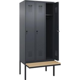 Spind Evolo PLUS Sitzbank, 3 Abteile, grau, B 900 mm, Sicherheits-Drehriegel, mit auskragender Sitzbank, Buche kaiserkraft