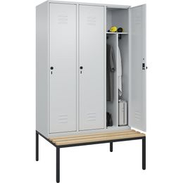 C+P Schwarz-Weiß-Spind Classic PLUS Sitzbank, schmal, 3 Abteile, Trennwand verkürzt, lichtgrau, B 1200 mm, Sicherheits-Drehriegel, untergebaut, Buche-Hartholz