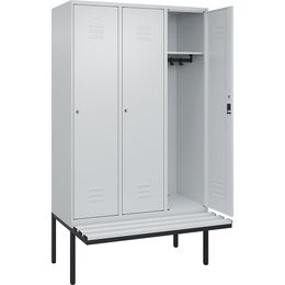 C+P Spind Classic PLUS Sitzbank, 3 Abteile, lichtgrau, B 1200 mm, Zylinderschloss, auskragend, Kunststoff