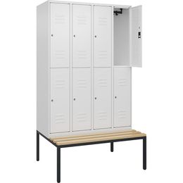 C+P Doppelstock-Spind Classic PLUS Sitzbank, 4 Abteile, verkehrsweiß, B 1200 mm, Zylinderschloss, untergebaut, Buche-Hartholz