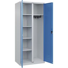 C+P Putzmittelspind Classic PLUS, 1 Abteil, Trennwand mittig, lichtgrau / lichtblau, B 800 mm, mit Bodengleitern, Zylinderschloss