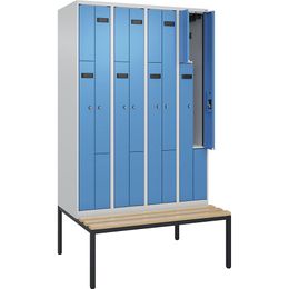 Z-Spind Evolo PLUS Sitzbank, 4 Abteile, lichtgrau / lichtblau, B 1200 mm, Zylinderschloss, mit untergebauter Sitzbank, Buche kaiserkraft