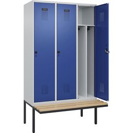 Schwarz-Weiß-Spind Evolo PLUS Sitzbank, schmal, 3 Abteile, Trennwand verkürzt, lichtgrau / enzianblau, B 1200 mm, Sicherheits-Drehriegel, mit auskragender Sitzbank, Buche kaiserkraft
