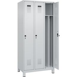 Schwarz-Weiß-Spind Evolo PLUS, schmal, 3 Abteile, Trennwand verkürzt, lichtgrau, B 900 mm, mit breiten Füßen, Sicherheits-Drehriegel kaiserkraft