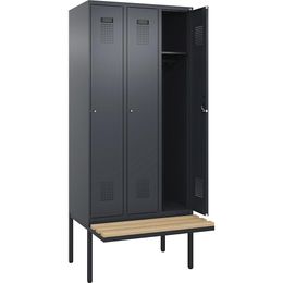 Spind Evolo PLUS Sitzbank, 3 Abteile, grau, B 900 mm, Zylinderschloss, mit auskragender Sitzbank, Buche kaiserkraft