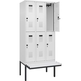 Doppelstock-Spind Evolo PLUS Sitzbank, 3 Abteile, weiß, B 900 mm, Sicherheits-Drehriegel, mit auskragender Sitzbank, Kunststoff kaiserkraft
