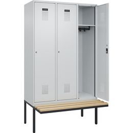 Spind Evolo PLUS Sitzbank, 3 Abteile, lichtgrau / lichtgrau, B 1200 mm, Zylinderschloss, mit auskragender Sitzbank, Buche kaiserkraft