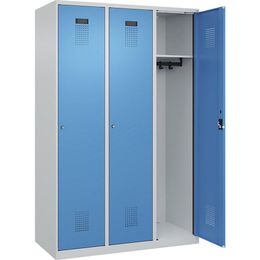 C+P Spind Evolo PLUS, 3 Abteile, lichtgrau / lichtblau, B 1200 mm, mit Bodengleitern, Zylinderschloss