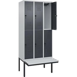 C+P Doppelstock-Spind Classic PLUS Sitzbank, 3 Abteile, lichtgrau / grau, B 900 mm, Sicherheits-Drehriegel, auskragend, Kunststoff