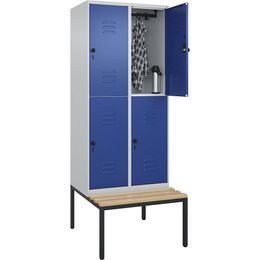 C+P Doppelstock-Spind Classic PLUS Sitzbank, 2 Abteile, lichtgrau / enzianblau, B 800 mm, Sicherheits-Drehriegel, untergebaut, Buche-Hartholz