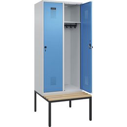 Spind Evolo PLUS Sitzbank, 2 Abteile, lichtgrau / lichtblau, B 800 mm, Sicherheits-Drehriegel, mit untergebauter Sitzbank, Buche kaiserkraft