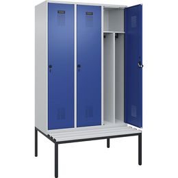 Schwarz-Weiß-Spind Evolo PLUS Sitzbank, schmal, 3 Abteile, Trennwand verkürzt, lichtgrau / enzianblau, B 1200 mm, Sicherheits-Drehriegel, mit untergebauter Sitzbank, Kunststoff kaiserkraft