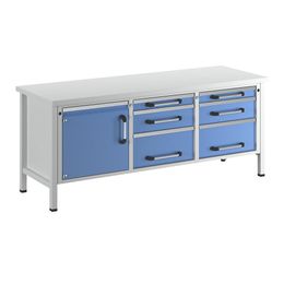 eurokraft pro Werkbank, Gestellbauweise, Breite 2000 mm, 6 Schubladen, 1 Türe, Universalplatte