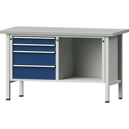 ANKE Werkbank, Gestellbauweise Serie V, 4 Schubladen, 1 Ablageboden, Stahlblechbelag, Höhe 890 mm
