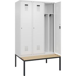 Schwarz-Weiß-Spind Evolo PLUS Sitzbank, schmal, 3 Abteile, Trennwand verkürzt, weiß, B 1200 mm, Zylinderschloss, mit untergebauter Sitzbank, Buche kaiserkraft