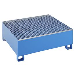 eurokraft basic Stahl-Auffangwanne f&uuml;r 200-l-F&auml;sser, LxBxH 1200 x 1200 x 415 mm, ohne Zulassung, blau pulverbeschichtet, mit Gitterrost