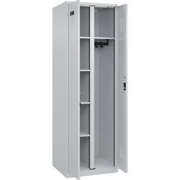 Putzmittelspind Evolo PLUS, 1 Abteil, Trennwand mittig, lichtgrau, B 600 mm, mit Bodengleitern, Zylinderschloss kaiserkraft