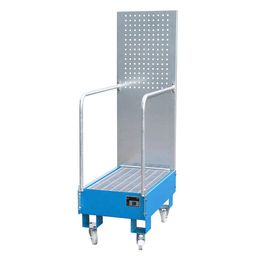 eurokraft pro Fahrbare Auffangwanne mit Lochplattenwand, 2 x 60-l-Fass stehend hintereinander, LxBxH 875 x 500 x 1685 mm, lichtblau