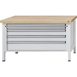 ANKE Werkbank mit XL/XXL-Schubladen, Gestellbauweise, Breite 1500 mm, 5 Schubladen, Buchemassivplatte, Front lichtgrau