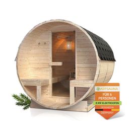 Artsauna Fasssauna Spitzbergen 220 mit zwei B&auml;nken - 6 Personen, 8 kW Ofen, Zubeh&ouml;r - Fichtenholz Sauna
