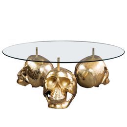Riess Ambiente riess-ambiente Design Couchtisch SKULL XXL 90cm gold rund Glasplatte Metall Totenkopf handmade