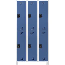eurokraft pro Doppelstock-Spind Bremen, 3 Abteile, lichtgrau / brillantblau, Breite 900 mm, 6 Fächer
