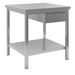 eurokraft basic Edelstahl-Arbeitstisch, 1 Schublade, 1 Fachboden voll, Breite 800 mm