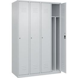 C+P Schwarz-Weiß-Spind Classic PLUS, schmal, 4 Abteile, Trennwand verkürzt, lichtgrau, B 1200 mm, mit Bodengleitern, Zylinderschloss, Trennwand mittig