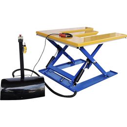 eurokraft basic Flachform-Hubtisch, E-Form, Tragfähigkeit 1200 kg, Hand-Bedienelement