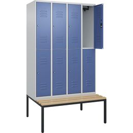 C+P Doppelstock-Spind Classic PLUS Sitzbank, 4 Abteile, lichtgrau / fernblau, B 1200 mm, Zylinderschloss, untergebaut, Buche-Hartholz