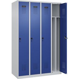 Schwarz-Weiß-Spind Evolo PLUS, schmal, 4 Abteile, Trennwand verkürzt, lichtgrau / enzianblau, B 1200 mm, mit Bodengleitern, Sicherheits-Drehriegel kaiserkraft
