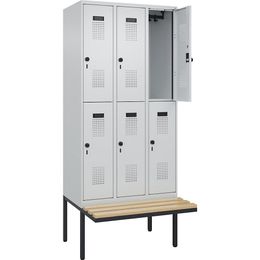 Doppelstock-Spind Evolo PLUS Sitzbank, 3 Abteile, lichtgrau / lichtgrau, B 900 mm, Sicherheits-Drehriegel, mit auskragender Sitzbank, Buche kaiserkraft