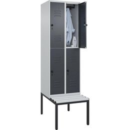 C+P Doppelstock-Spind Classic PLUS Sitzbank, 2 Abteile, lichtgrau / grau, B 600 mm, Sicherheits-Drehriegel, untergebaut, Kunststoff