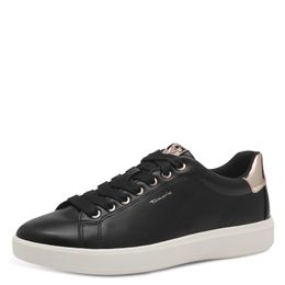 Plateausneaker Tamaris, Damen, Gr. 37, gold (schwarz, goldfarben), Lederimitat, unifarben mit Farbeinsatz, Schuhe, Freizeitschuh, Halbschuh, Schnürer in veganer Verarbeitung