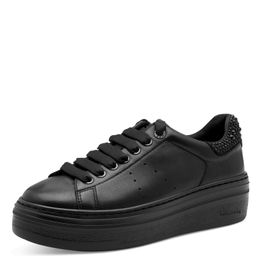 Plateausneaker Tamaris, Damen, Gr. 41, schwarz, Leder, Lederimitat, Textil, unifarben, Schuhe, Schnürschuh, Halbschuh mit auffälligen Schmucksteinen an der Ferse