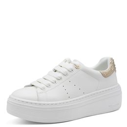 Plateausneaker Tamaris, Damen, Gr. 38, weiß (weiß, champagne), Leder, Lederimitat, Textil, kontrastfarbene Details, Modisch, Schuhe, Schnürschuh, Halbschuh mit auffälligen Schmucksteinen an der Ferse
