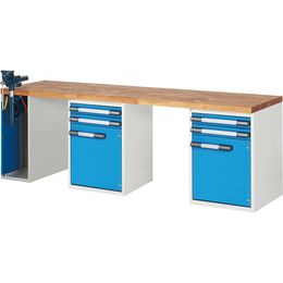 eurokraft pro Werkbank, Baukastensystem Serie 7000, 4 Schubladen, 2 Türen, 1 Schraubstock linksseitig, BxT 2500 x 700 mm